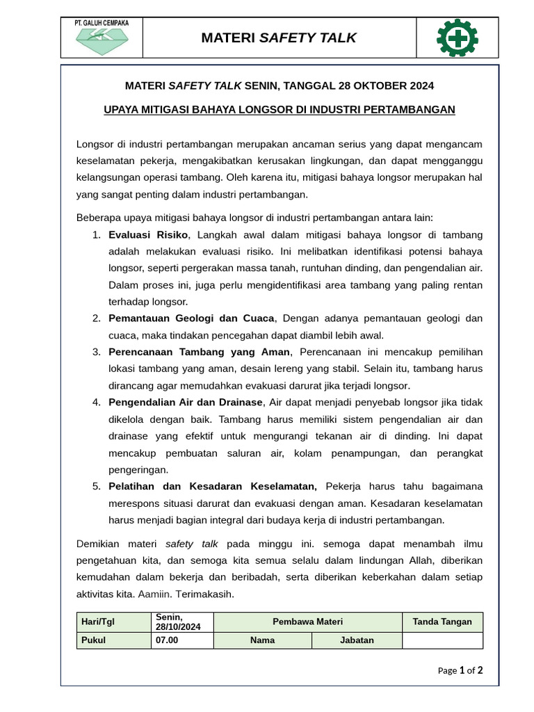 Materi Safety Talk - Mining | PDF | Sains & Matematika