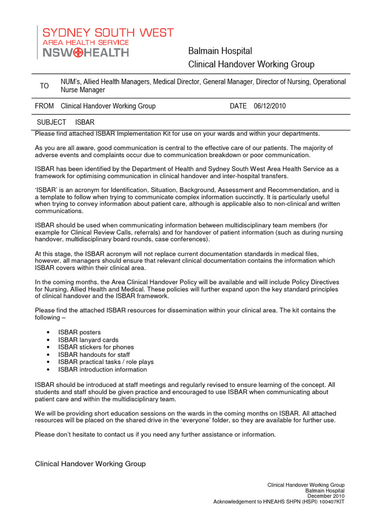 Balmain Hospital Clinical Handover Working Group | PDF | Patient | Nursing