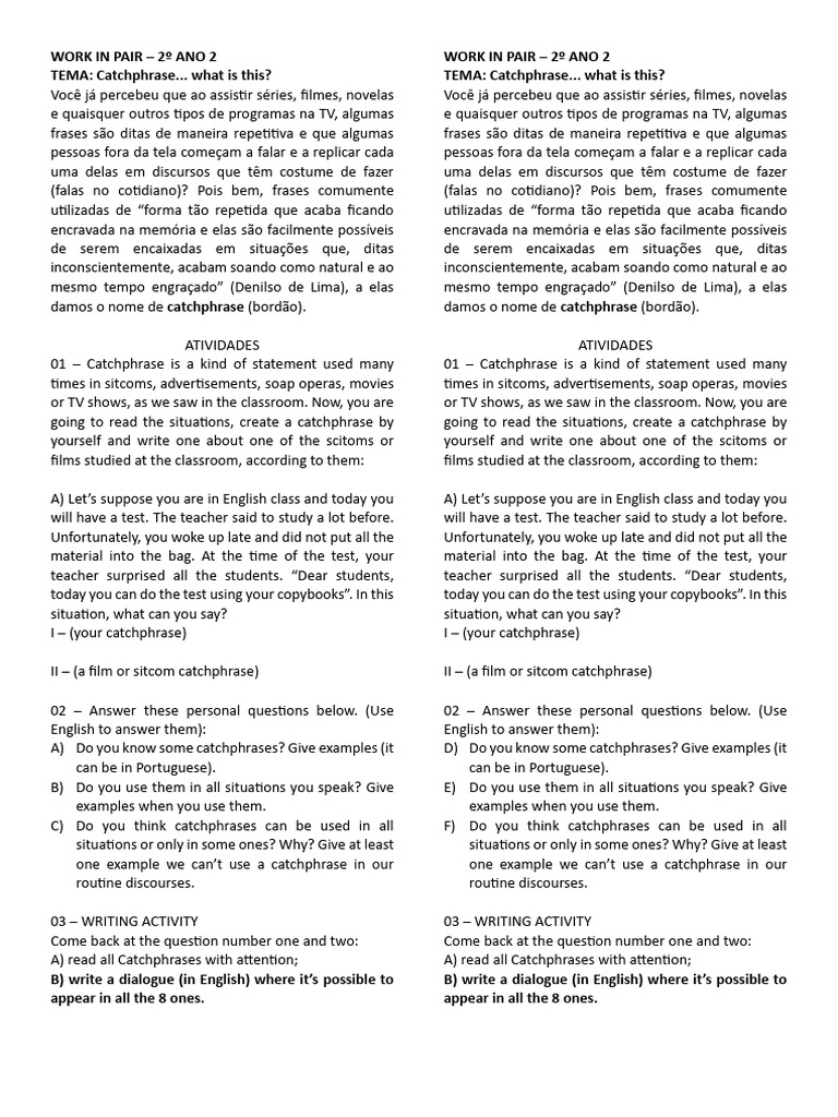 Work in Pair Catchphrase 2º Ano | PDF | Language Arts & Discipline