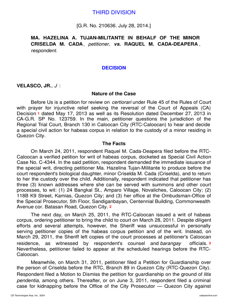 V1c Tujan-Militante v. Cada-Deapera | PDF | Habeas Corpus | Writ