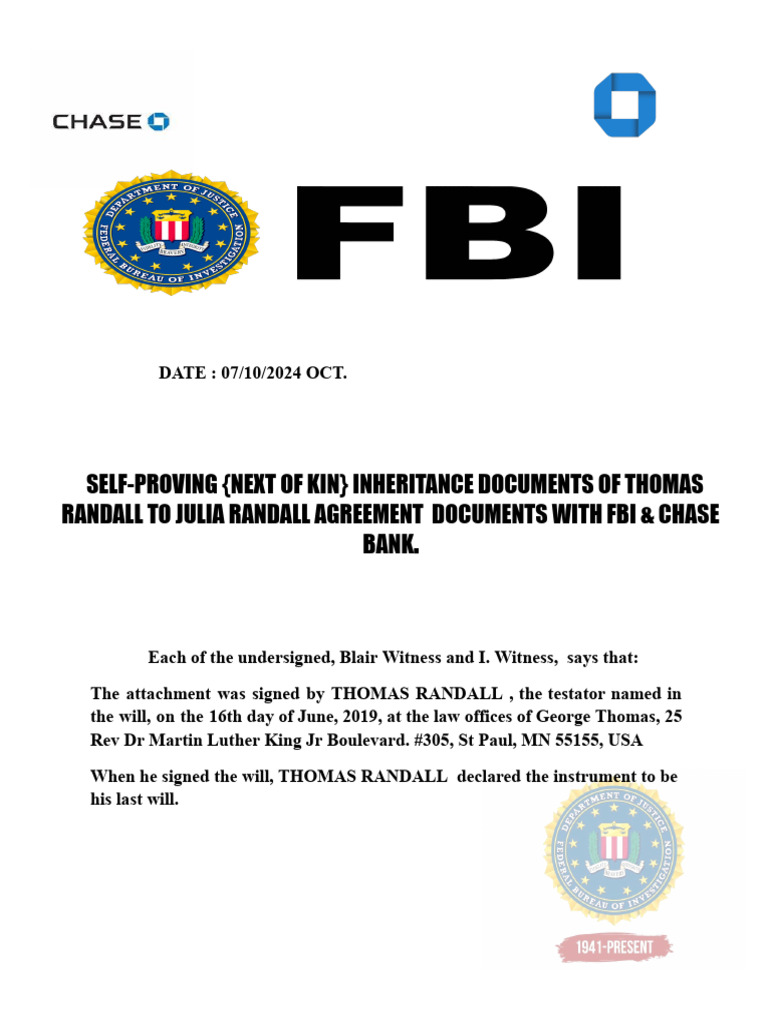 Thomas Randall Inheritannce Document From Chase Bank & Fbi Hq. | PDF
