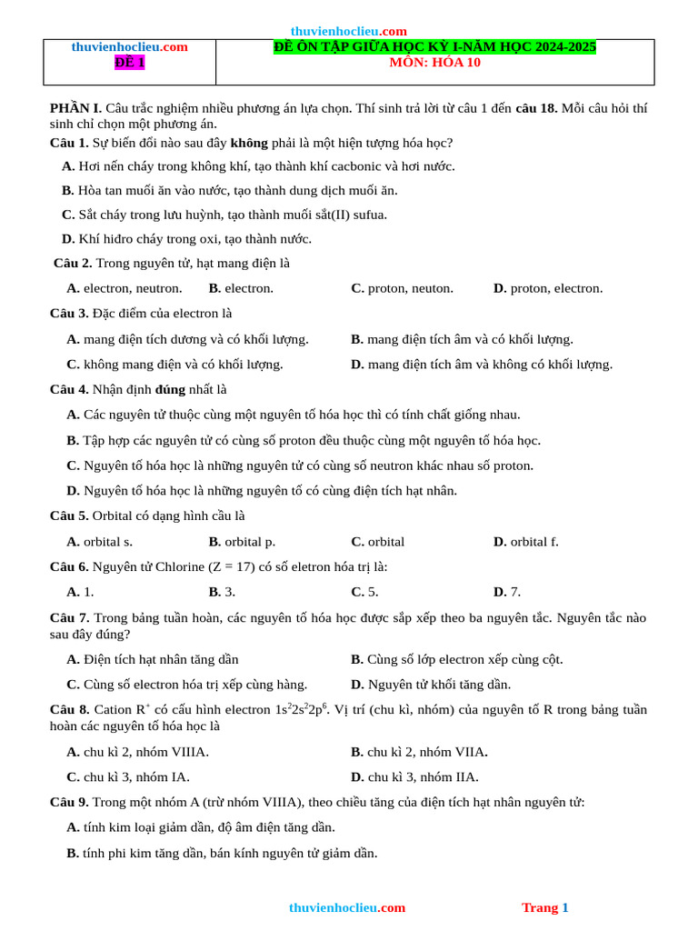 Bo de On Tap Giua HK1 Hoa 10 CTM 24 25 | PDF