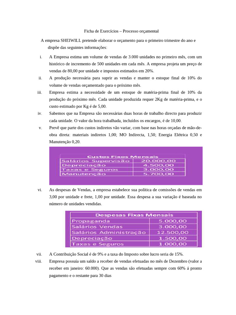 Ficha de Exercícios - Processo Orçamental | PDF | Orçamento | Impostos