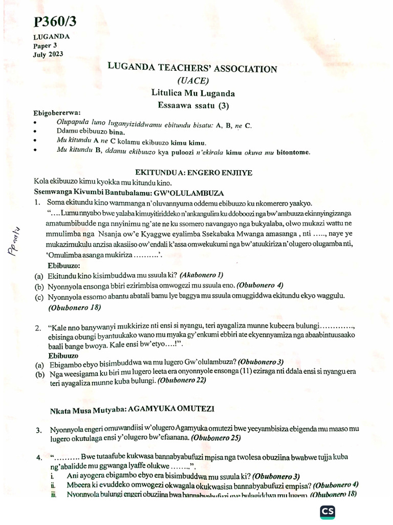 Luganda UACE Pp3 2023 | PDF