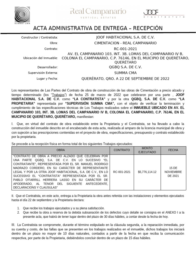 ACTA ADMINISTRATIVA DE ENTREGA | PDF