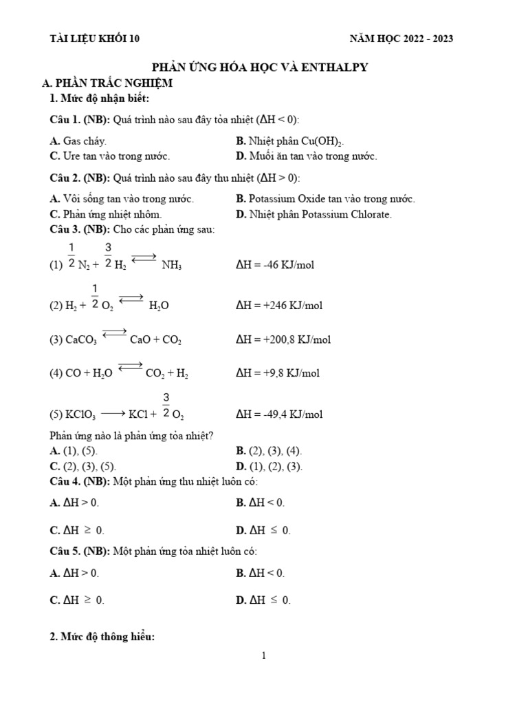 Phản Ứng Hóa Học Và Enthalpy | PDF