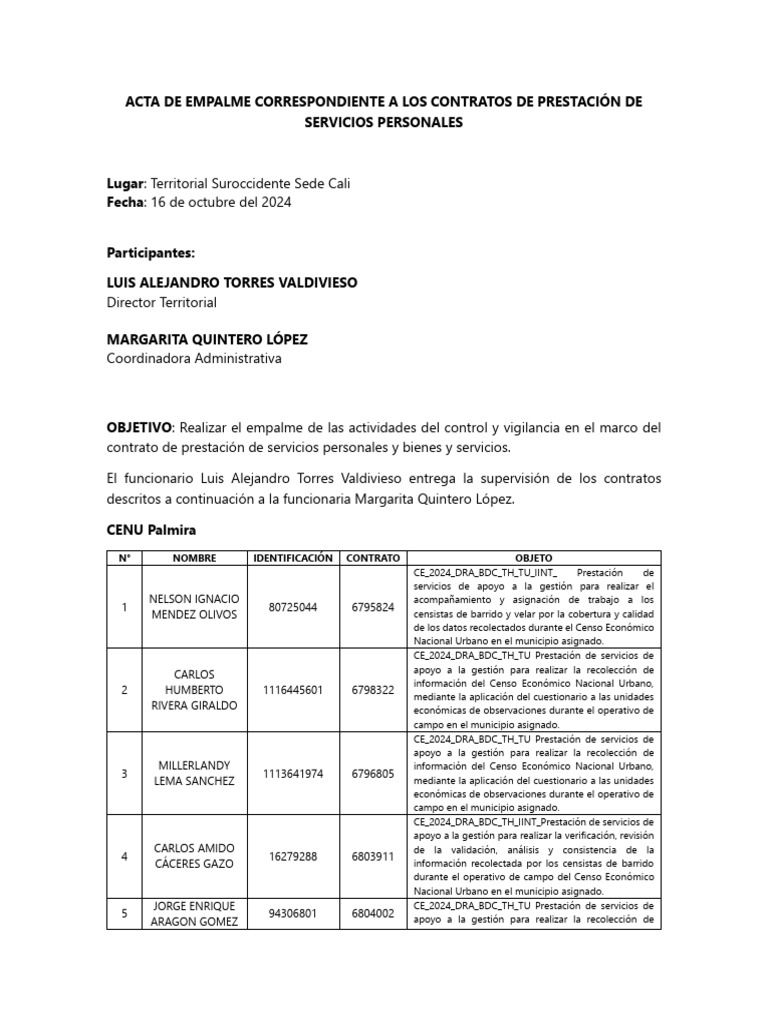 Acta de Empalme - Margarita Quintero - Luis Alejandro Torres - Cenu Palmira | PDF | Negocios ...