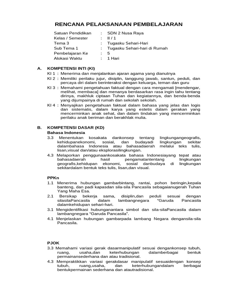 RENCANA PELAKSANAAN PEMBELAJARAN Tema 3 Sub Tema 1 PB 5 | PDF