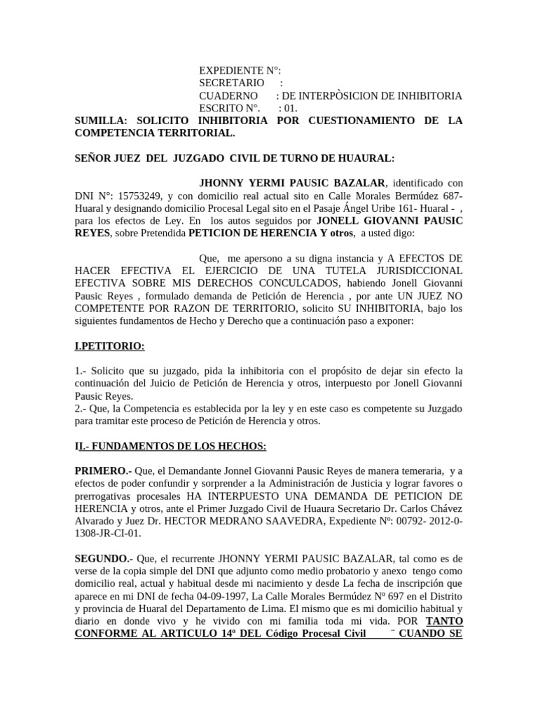SOLICITO INHIBITORIA | PDF | Demanda judicial | Ley procesal