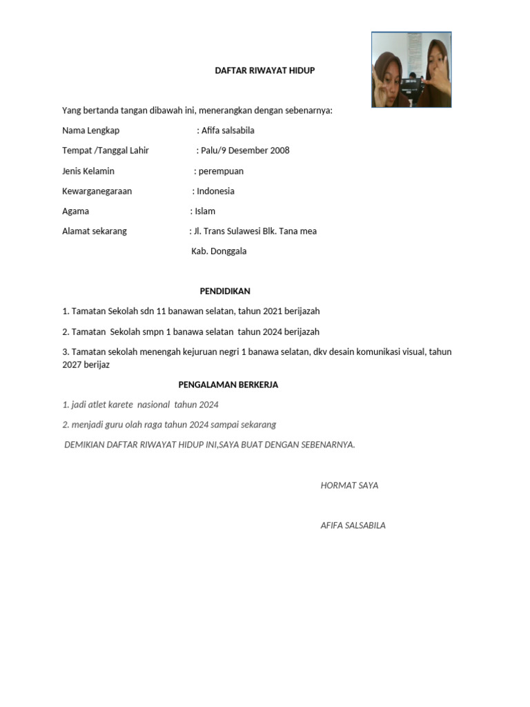 Daftar Riwayat Hidup Afifa Salsabila X DKV Tughas 6 | PDF