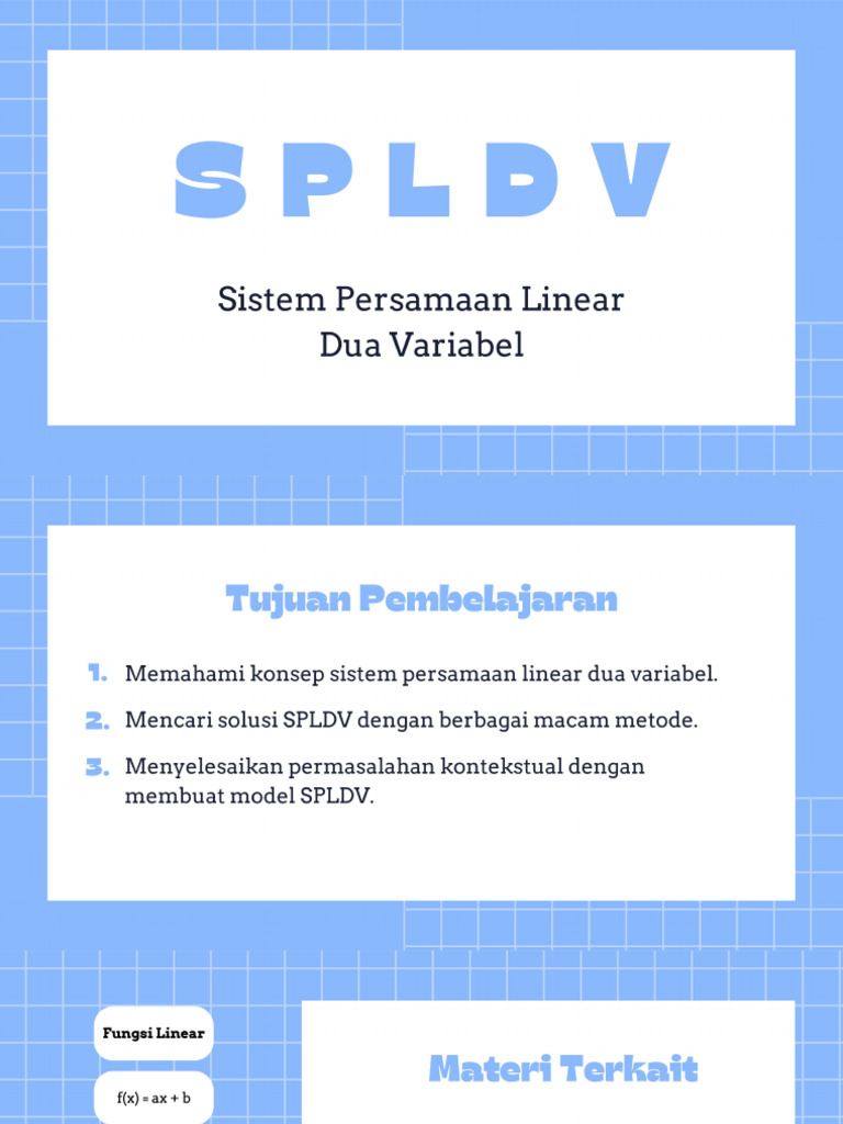 Presentasi Matematika Sistem Persamaan Linear Dua Variabel SPLDV Dalam Biru Putih Bergaris | PDF