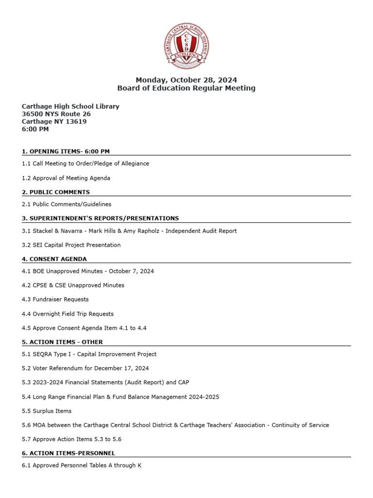 Carthage Central School District Board of Education Agenda Oct. 28 ...