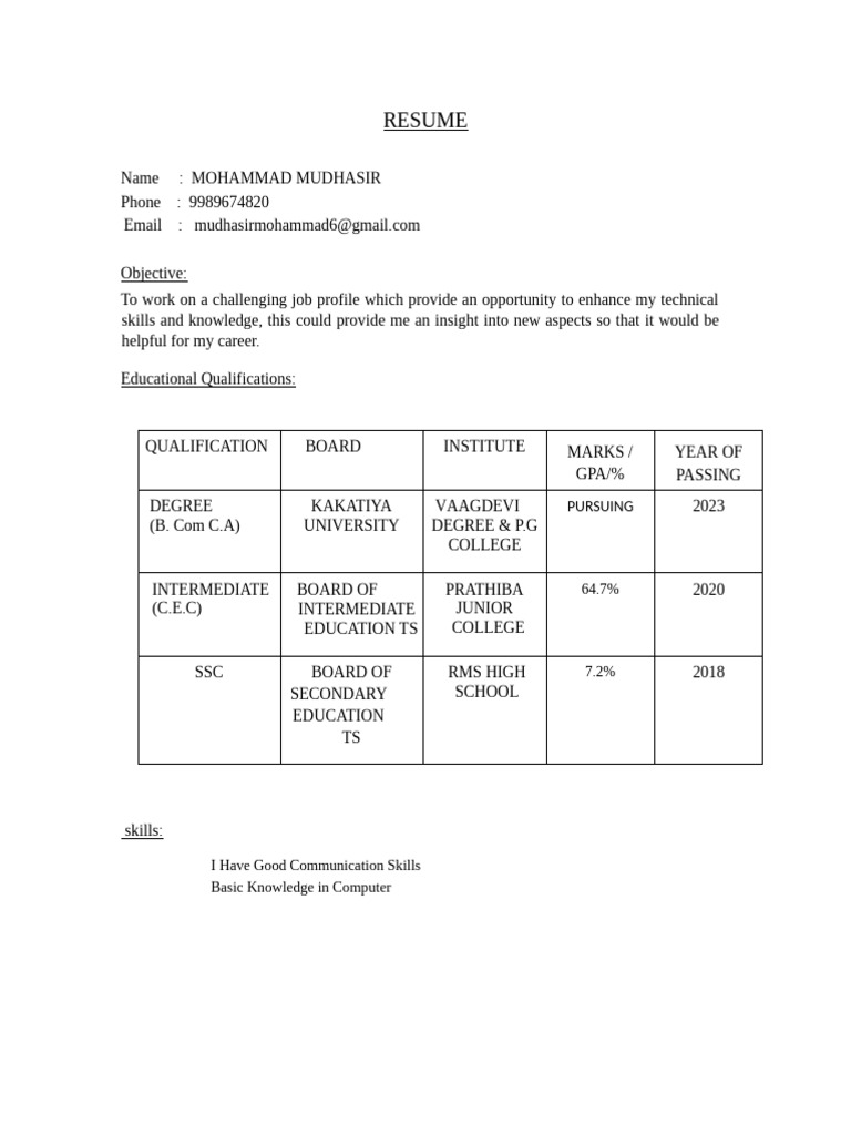Resume: Pursuing | PDF