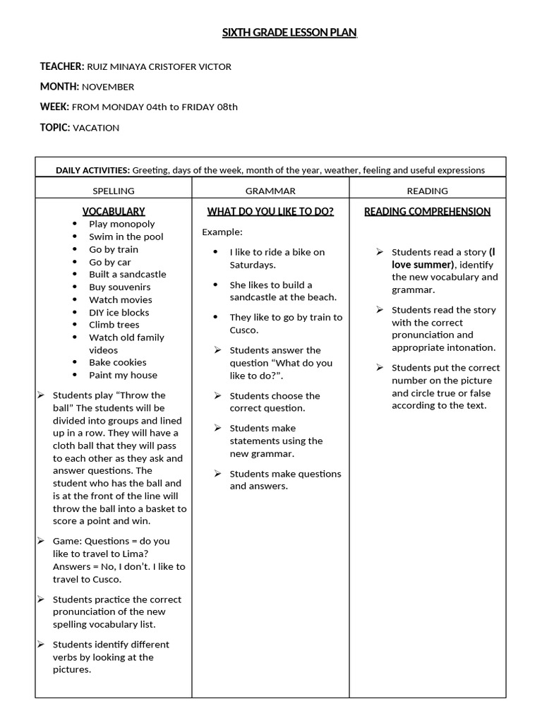 Sixth Grade Lesson Planner - Week 34 - Vacations | PDF | Grammar ...