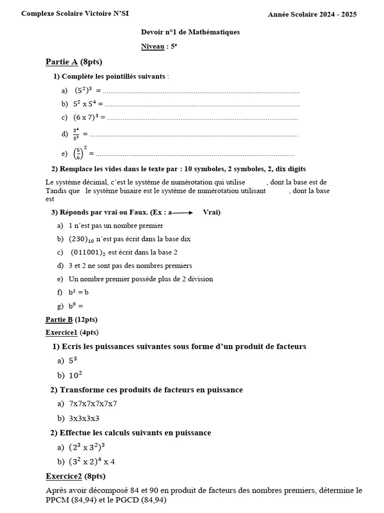 Devoir1 Maths 5e | PDF