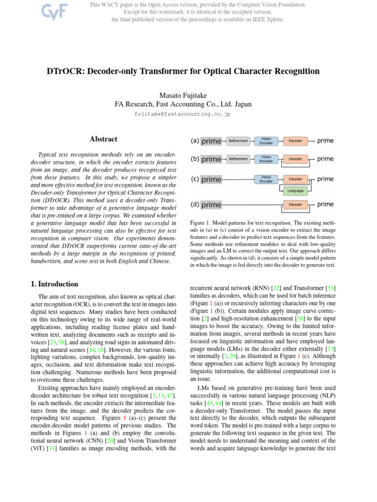 Fujitake DTrOCR Decoder-Only Transformer For Optical Character Recognition WACV 2024 Paper | PDF ...
