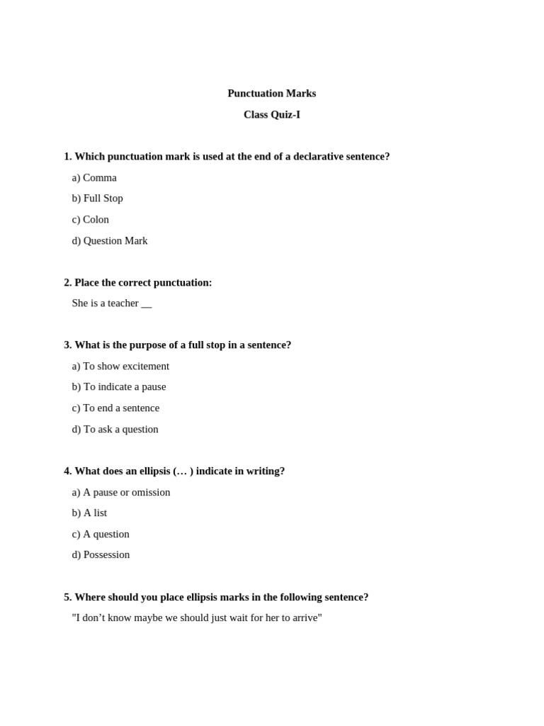 Punctuation Marks (Class Quiz-I) | PDF | Punctuation | Ellipsis