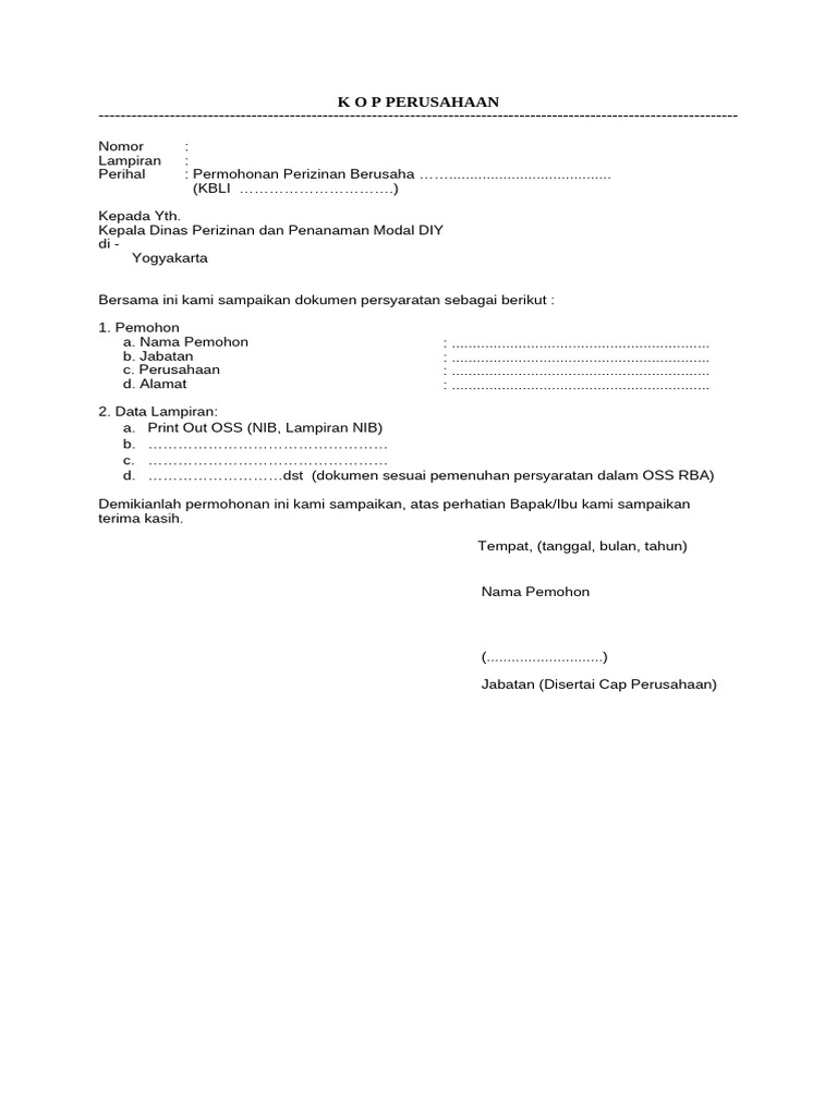Contoh Permohonan Izin Usaha OSS | PDF