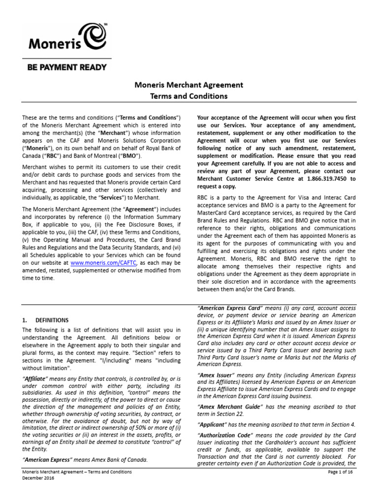 Moneris Merchant Agreement Terms and Conditions December 2016 | PDF ...