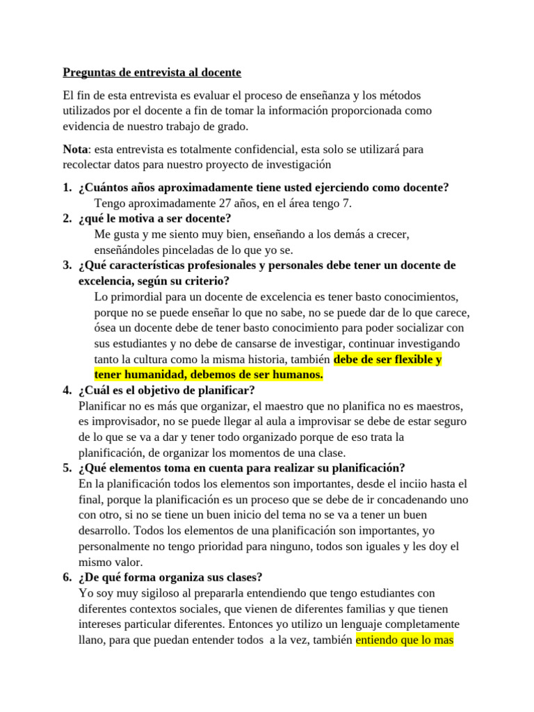 Preguntas de La Entrevista Del Docente1 | PDF | Maestros | Planificación