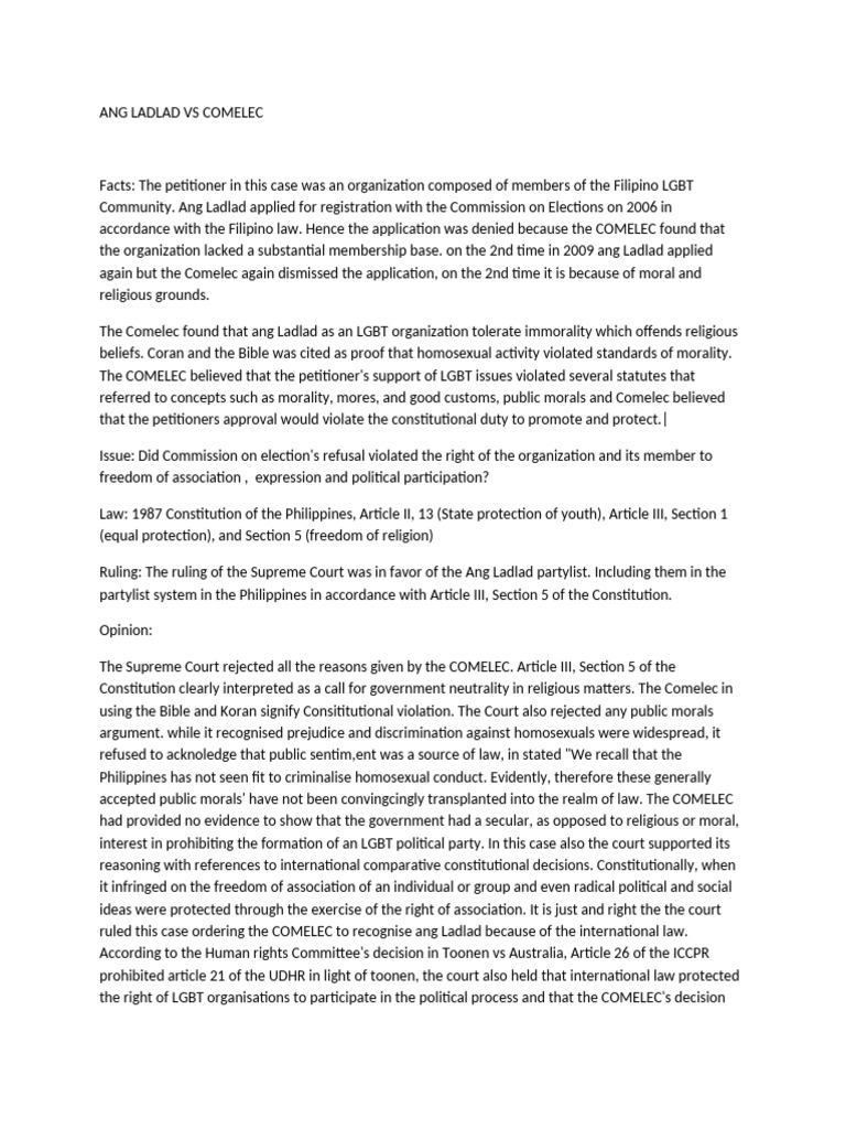 Ang Ladlad VS Comelec | PDF | Commission On Elections (Philippines ...