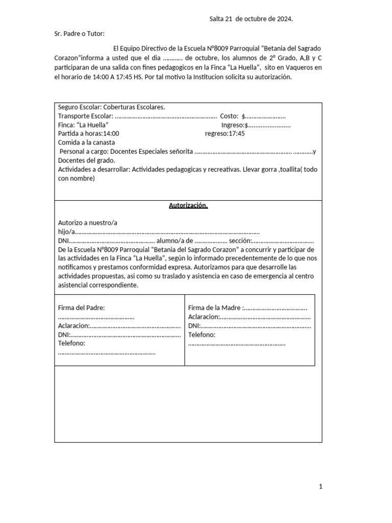 Autorización para Salida Escolar a Finca | PDF