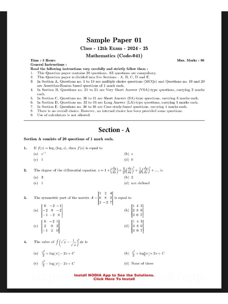 Math sample paper 1 XII | PDF