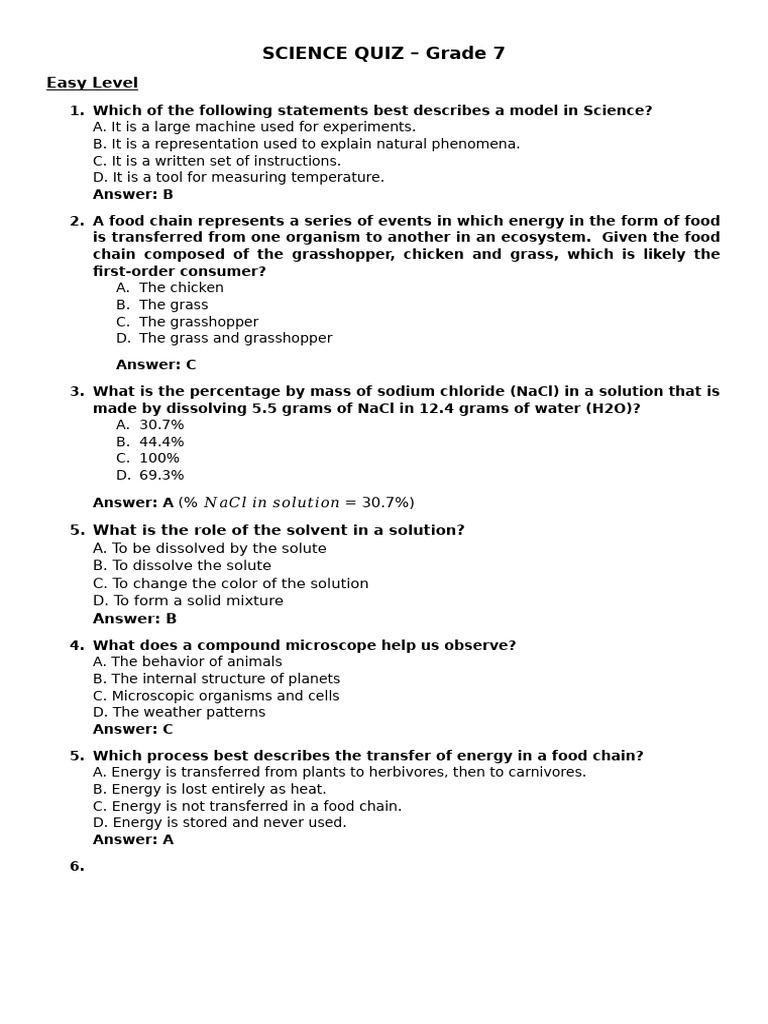 Science Quiz G7 | PDF | Cell (Biology) | Solubility