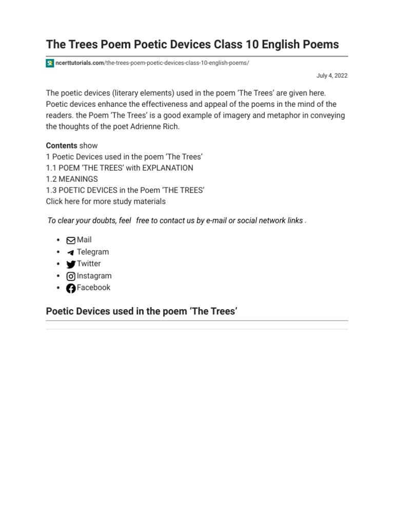 The Trees Poem Poetic Devices Class 10 English Poems | PDF | Poetry