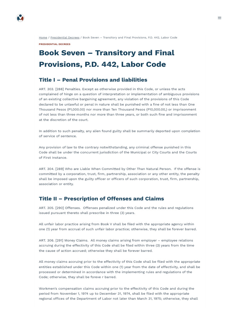 Book Seven Transitory and Final Provisions P.D. 442 Labor Code Labor ...