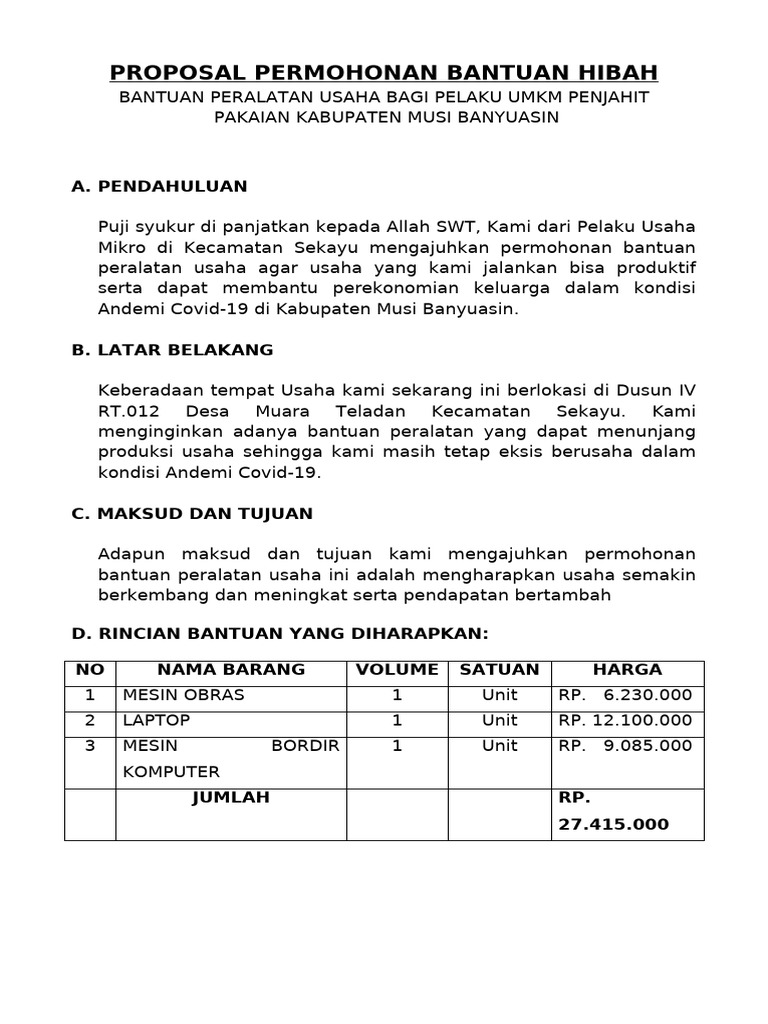 Proposal Permohonan Bantuan Hibah | PDF