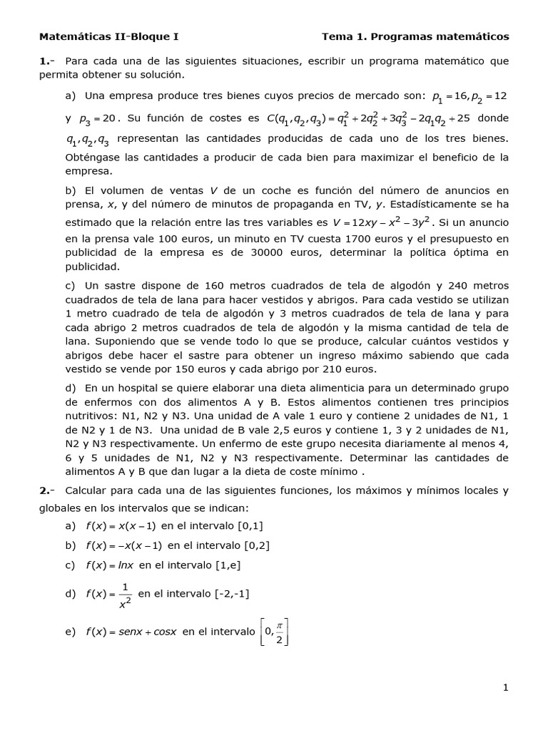 Problemas Matematicas II Bloque 1 | PDF | Optimización Matemática | Precios