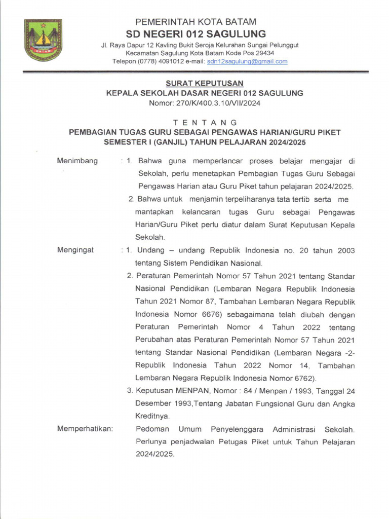 SK Pembagian Tugas Guru Piket Ganjil TP 2024-2025 | PDF