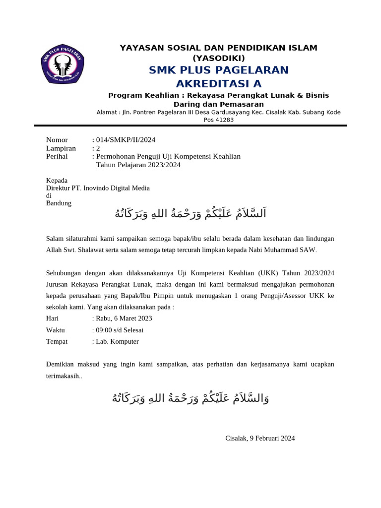 Contoh Undangan Penguji Ukk RPL Tahun 2025 | PDF