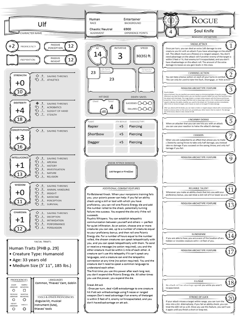 Ulf, LVL 4 Rogue (Thief Subclass) - Tristan's Character | PDF