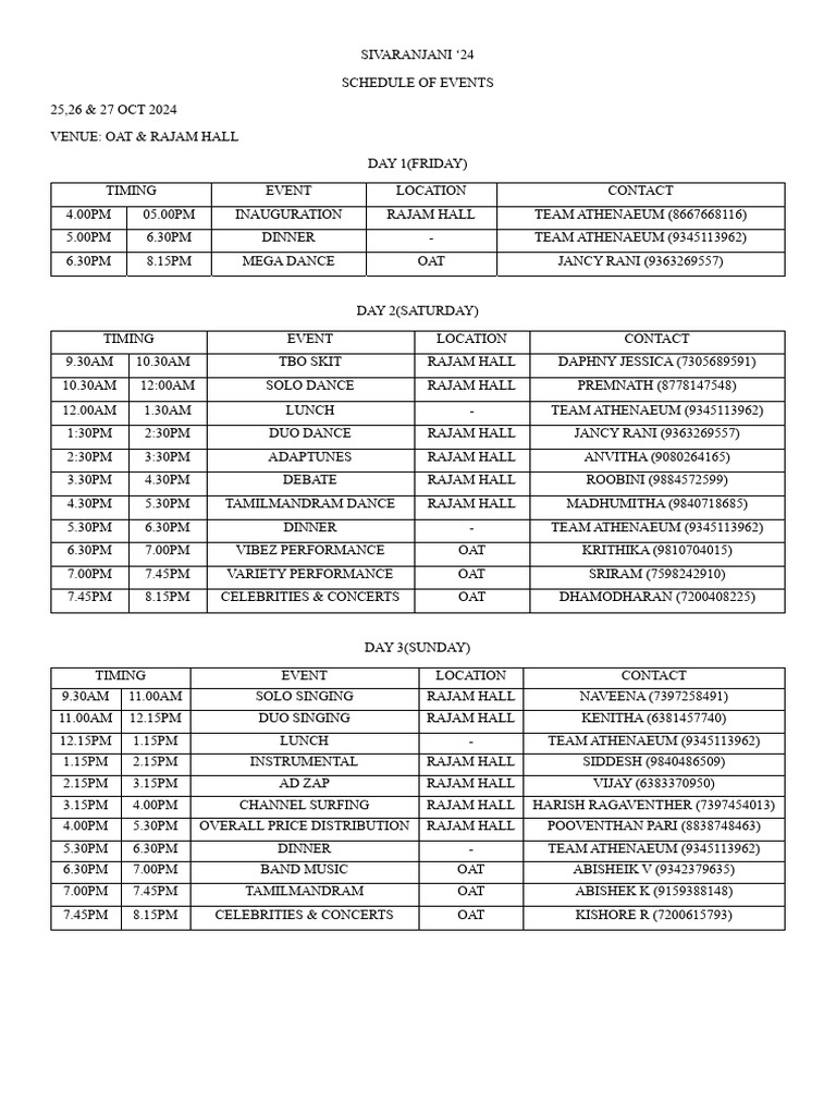 SIVARANJANI SCHEDULE UNOFFICIAL NEW | PDF
