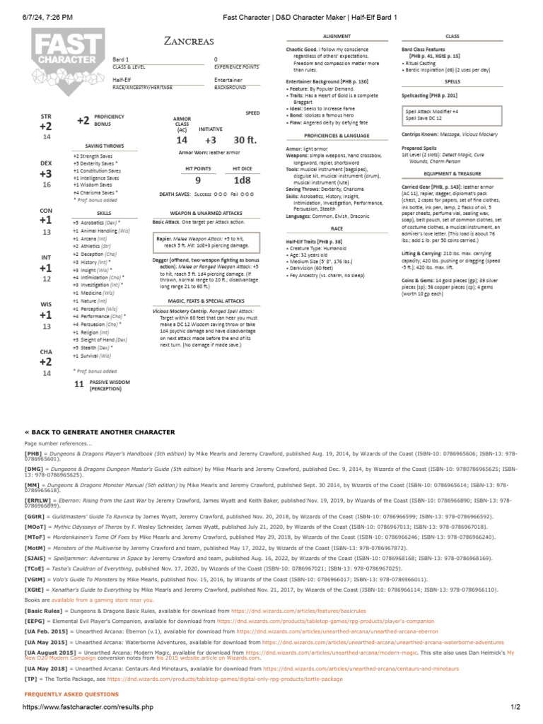 Zancreas, LVL 1 Bard (College of Swords) - Dakota's Character | PDF ...
