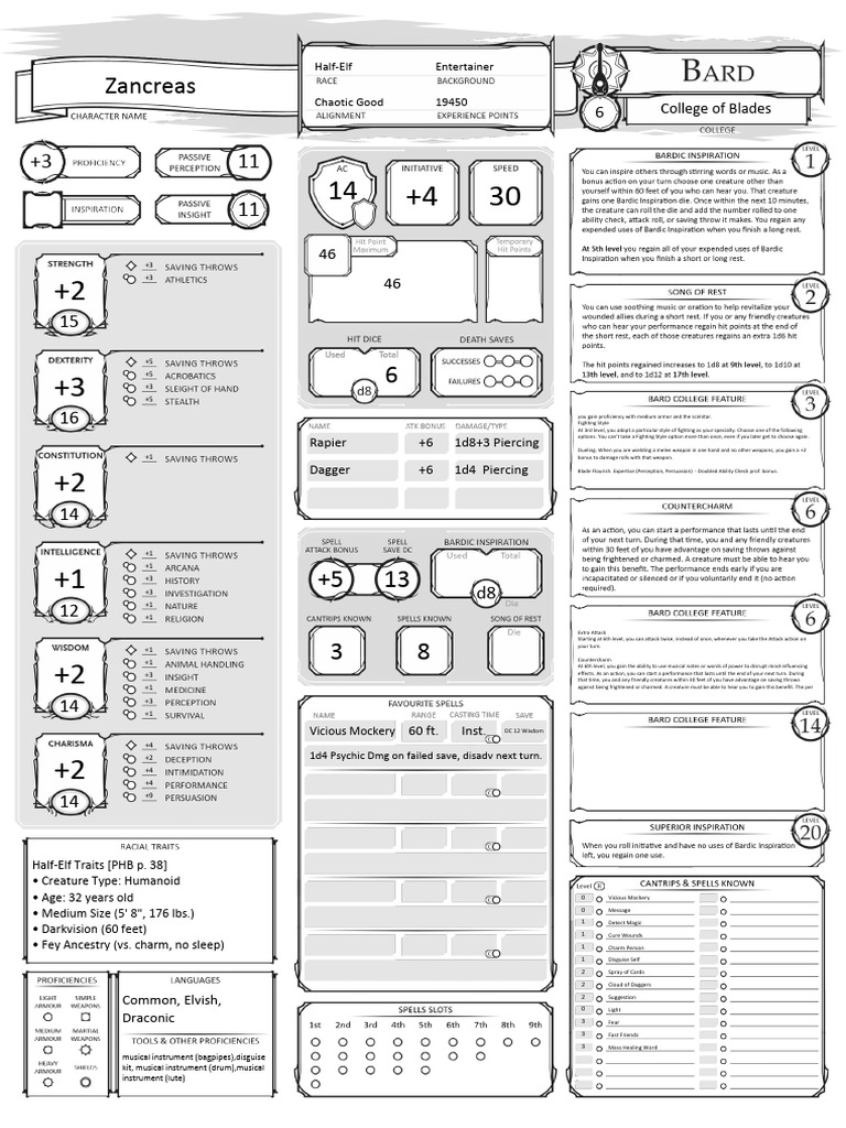 Zancreas, LVL 6 Bard (College of Swords) - Dakota's Character | PDF