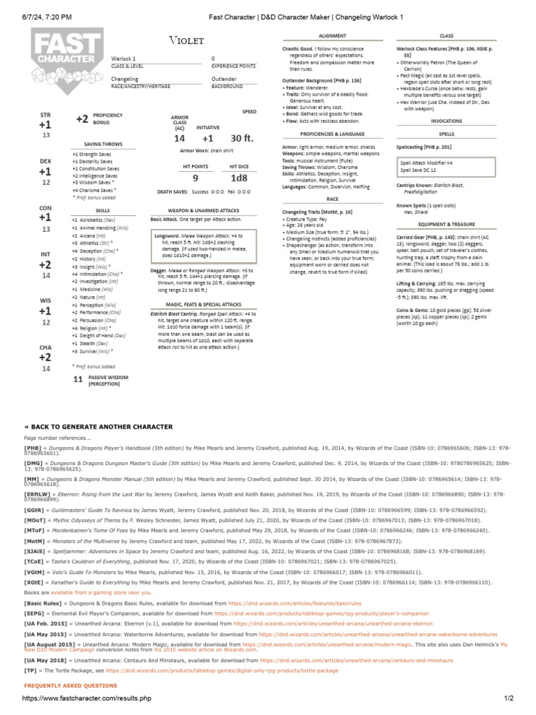 Violet, LVL 1 Warlcok (Hexblade Subclass) - Kelsi | PDF | Wizards Of The Coast | Dungeons & Dragons