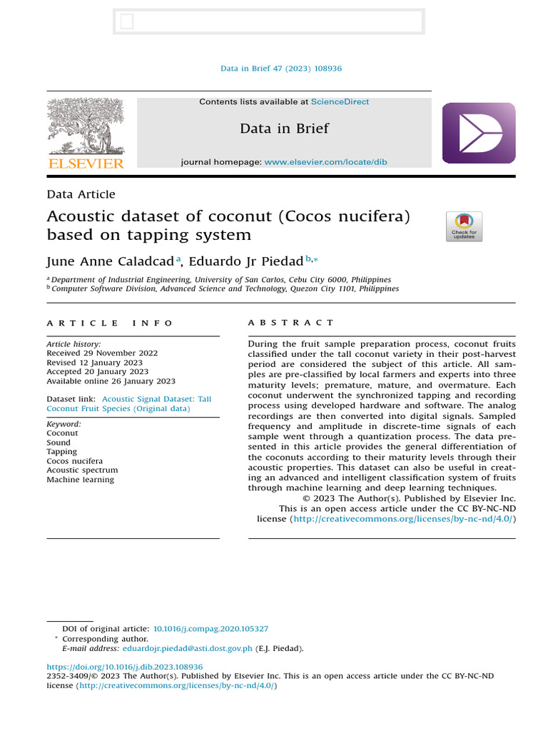 Acoustic Dataset of Coconut (Cocos Nucifera) Based On Tapping System ...