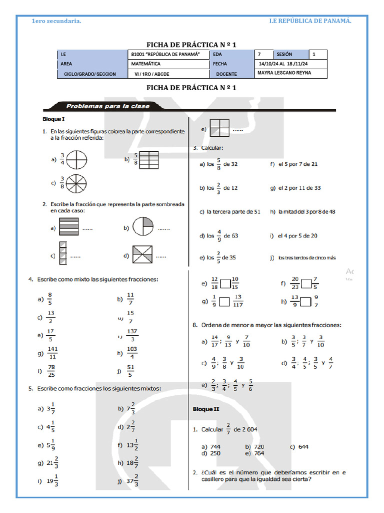 Ficha Práctica SESIÓN 1, .Eda 7 Fraccion | PDF