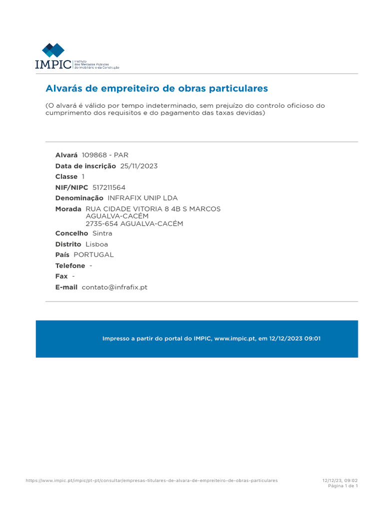 Alvarás de Empreiteiro de Obras Particulares - Consultar - IMPIC ...