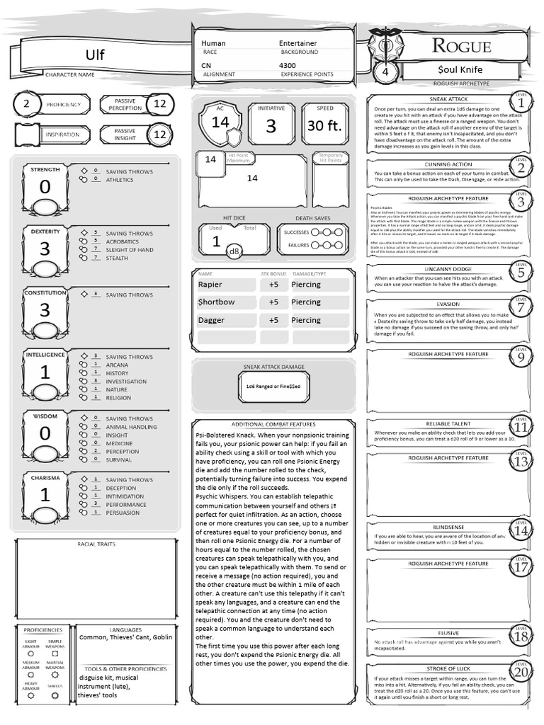 Ulflv3Class Character Sheet Rogue V1.3 Fillable | PDF