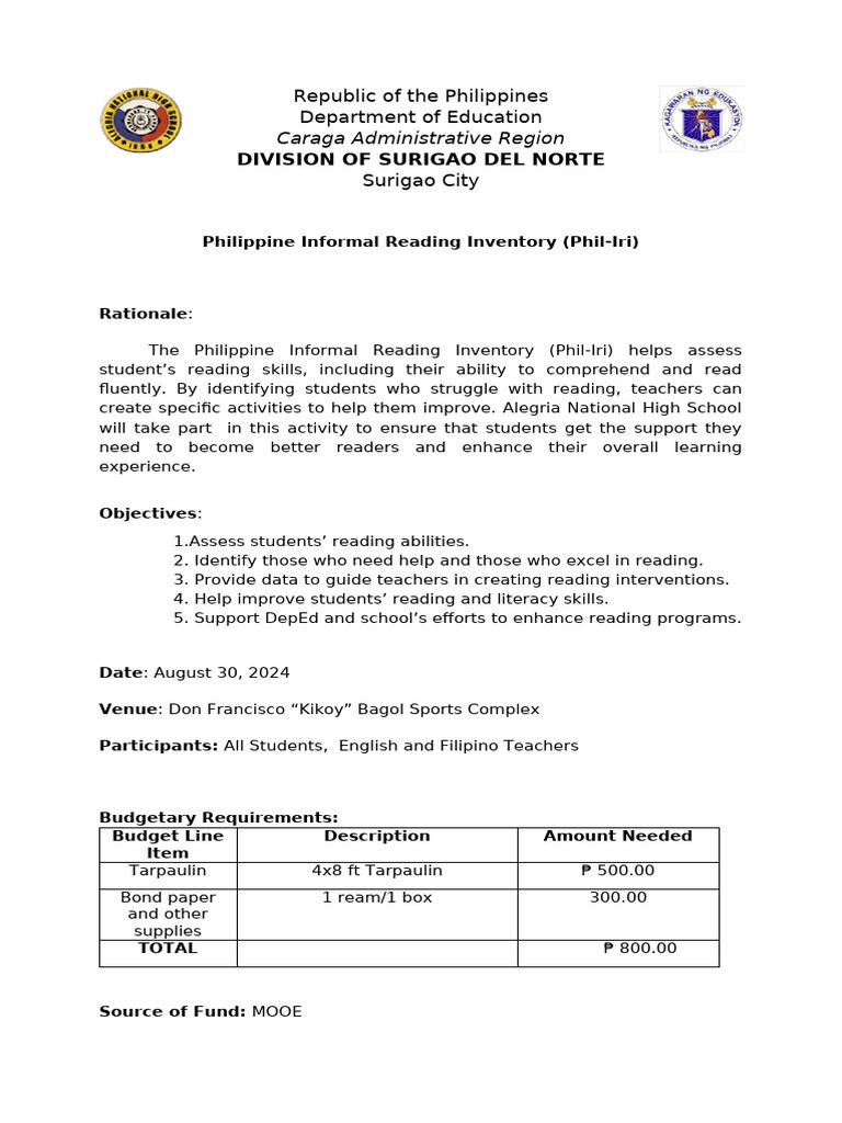 Phil Iri Activity Design 2024 | PDF