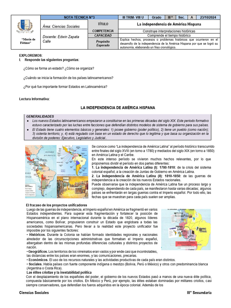 La Independencia de América Hispana - S3 - III°CCSS - VIII U - III TRIM ...