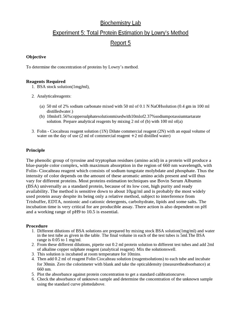 Total Protein Estimation Using Lowry Method | PDF | Amino Acid ...