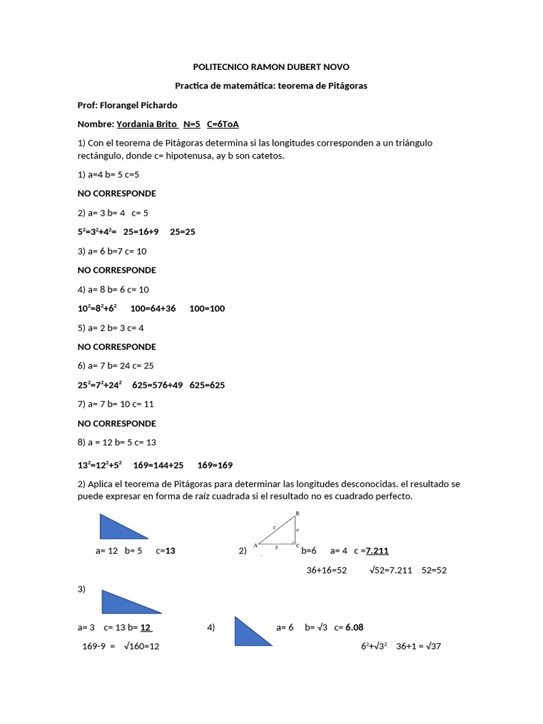 Práctica: Teorema de Pitágoras | PDF