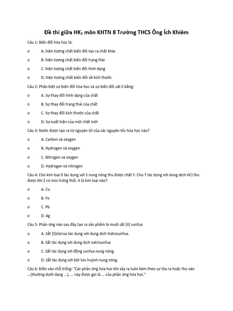 Đề ữ môn KHTN 8 Trườ: thi gi aHK ng THCS Ông Ích Khiêm | PDF
