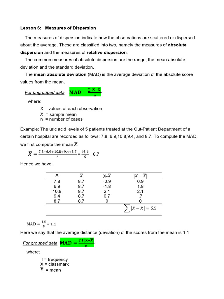 Lesson 6 Measures Of Dispersion Pdf Standard Deviation