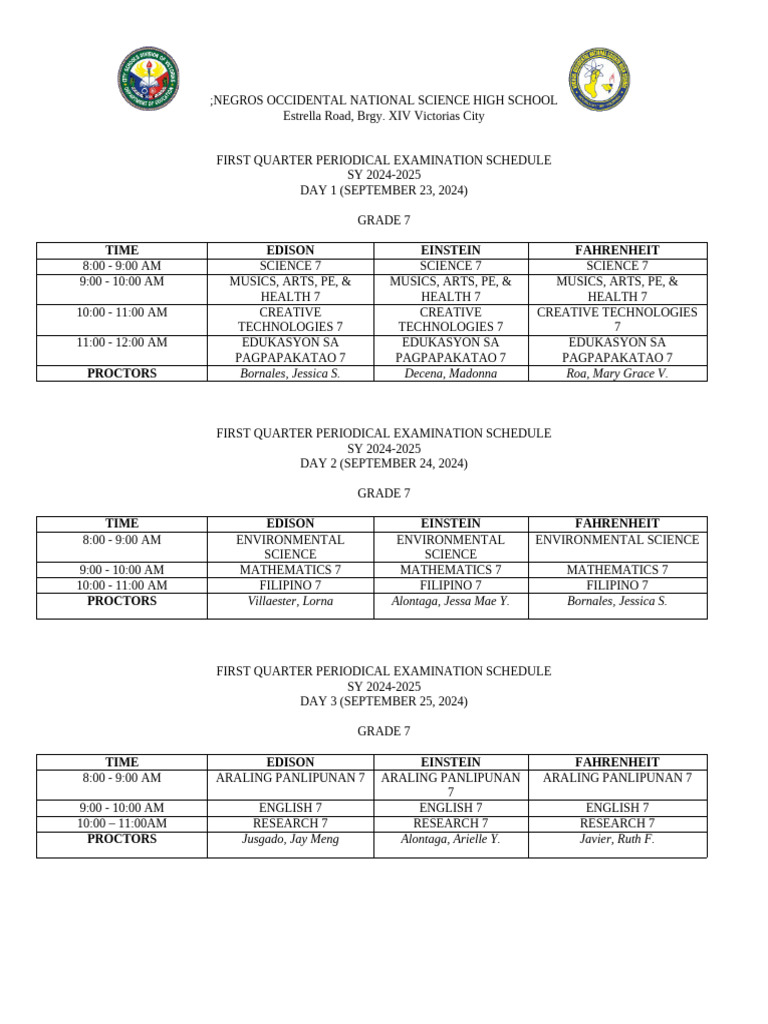 1st Quarter EXAM SCHED Final | PDF | Physical Sciences | Inquiry